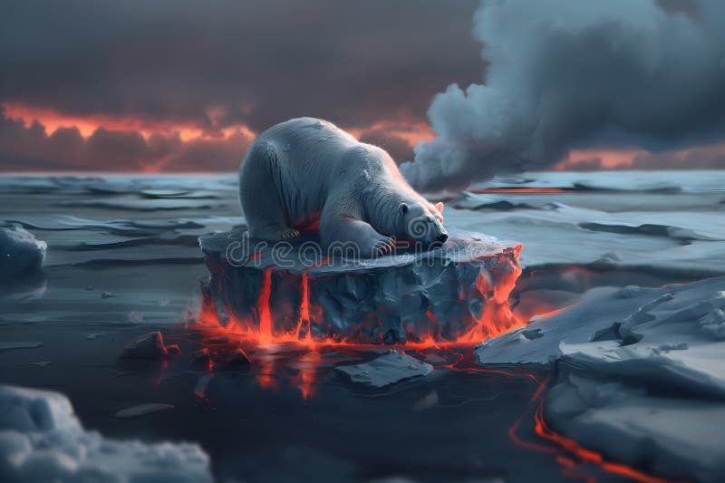 A Polar Bear Sitting on a Shrinking Ice Cap in a Pool of Lava. Stock ...