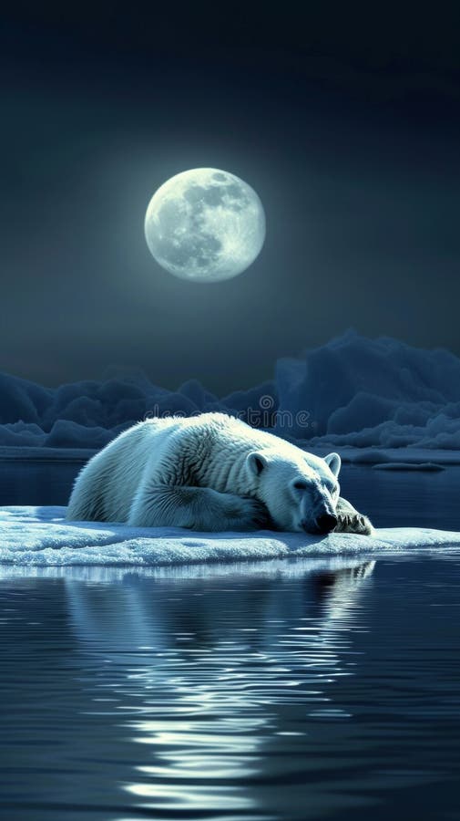 Polar Bear Sleeping Under the Full Moon on Ice Floe Stock Photo - Image ...