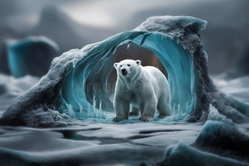 A Polar Bear Standing in a Cave with Ice and Snow, AI Stock Photo ...