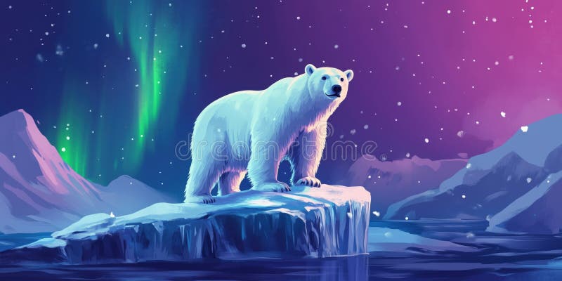 Polar Bear Standing on Ice with Northern Lights in Vibrant Night Sky ...