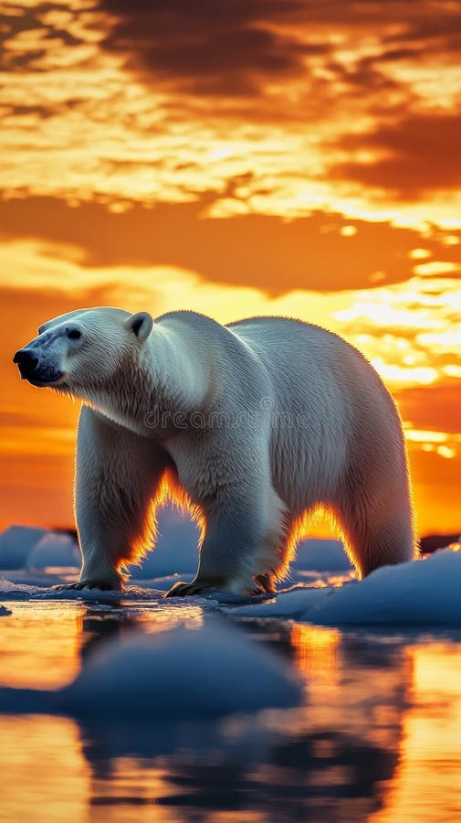 Polar Bear Standing on Ice at Sunset, Arctic Wildlife Stock Image ...