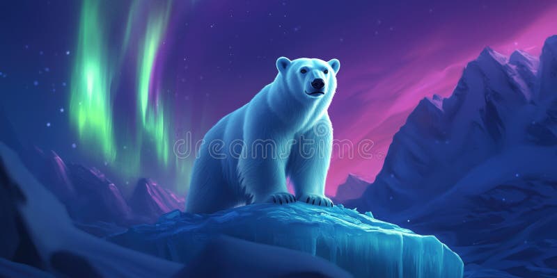 Polar Bear Standing on Ice Under Northern Lights in Vibrant Arctic ...