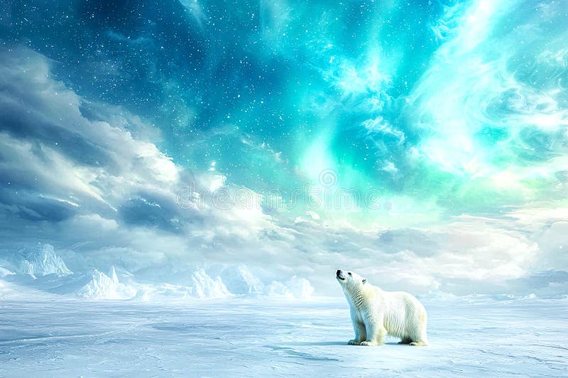 A Polar Bear Stands Alone in the Arctic Under Shimmering Auroras ...