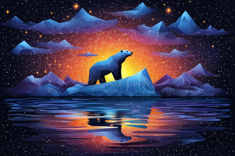 Polar Bear Stands Prominently on Iceberg while Surrounded Starry Night ...