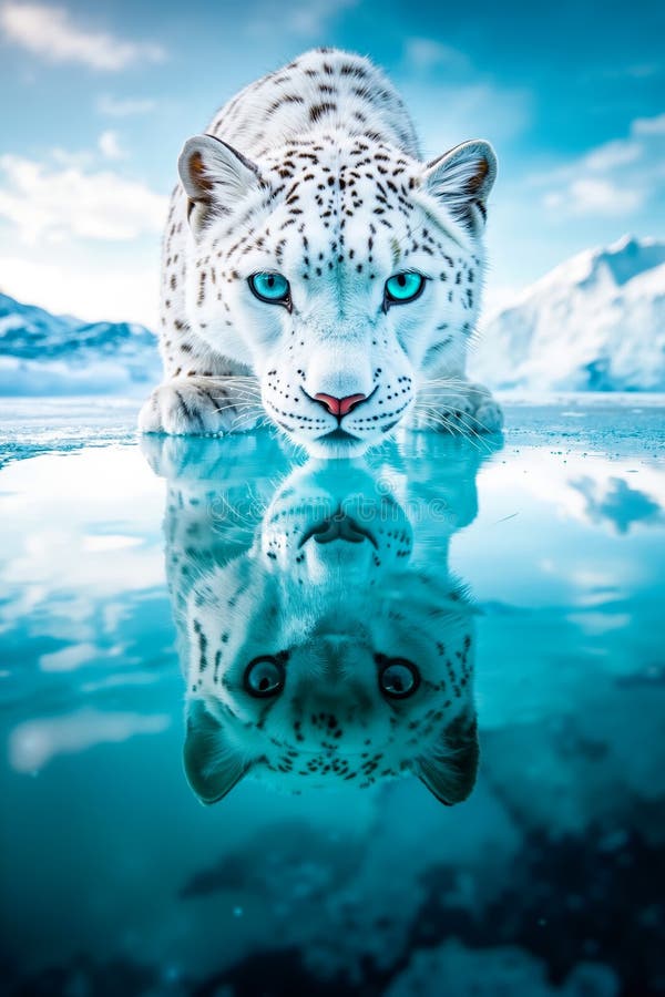 A White Leopard with Blue Eyes is Reflected in the Water Stock Image ...