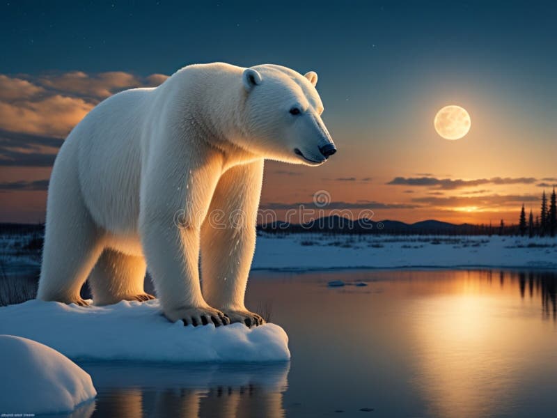 Polar Bear at Sunset with Full Moon in Alaska Stock Illustration ...