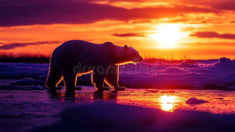 Polar Bear at Sunset on Ice, Arctic Wildlife Exploration. Nature and ...