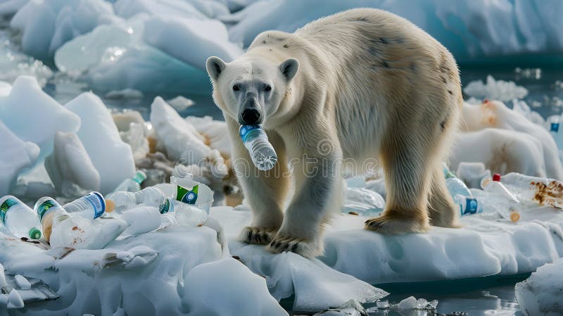 Polar Bear Surrounded by Plastic Pollution on Ice Stock Image - Image ...