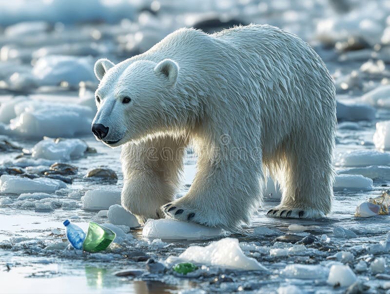 Polar Bear Walking on Melting Ice Chunks Near a Frozen River in a Cold ...