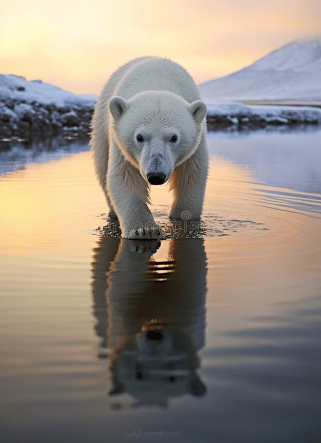 Polar Bear Walking by Water at Sunset with Reflection in the Arctic ...
