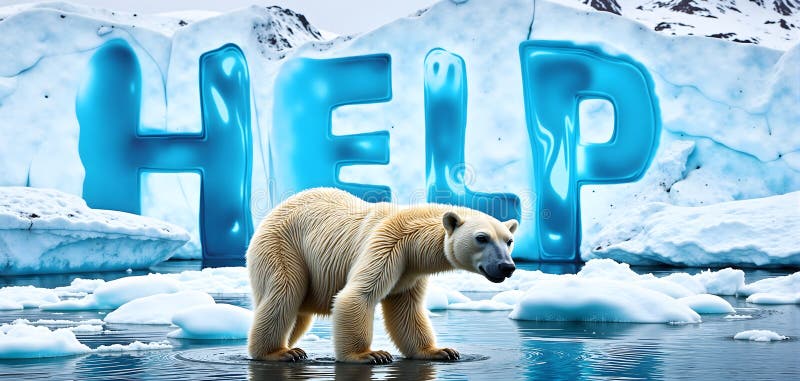 Polar Bear Walking in Icy Water Near a Glacier with HELP Text, Climate ...