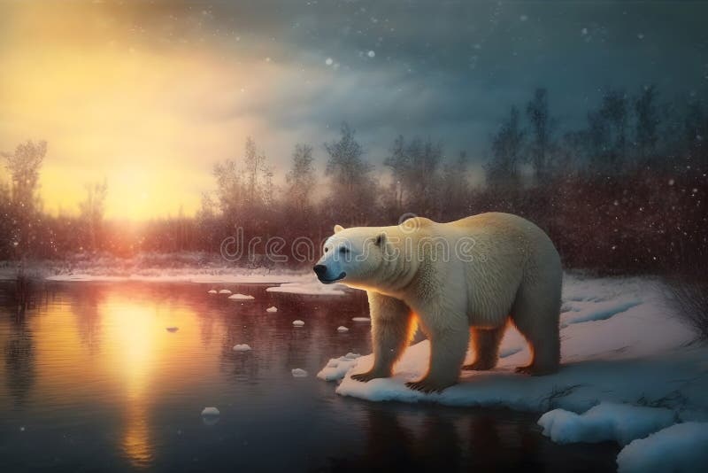Polar Bear in Wildness Area Against Sunset. Neural Network AI Generated ...
