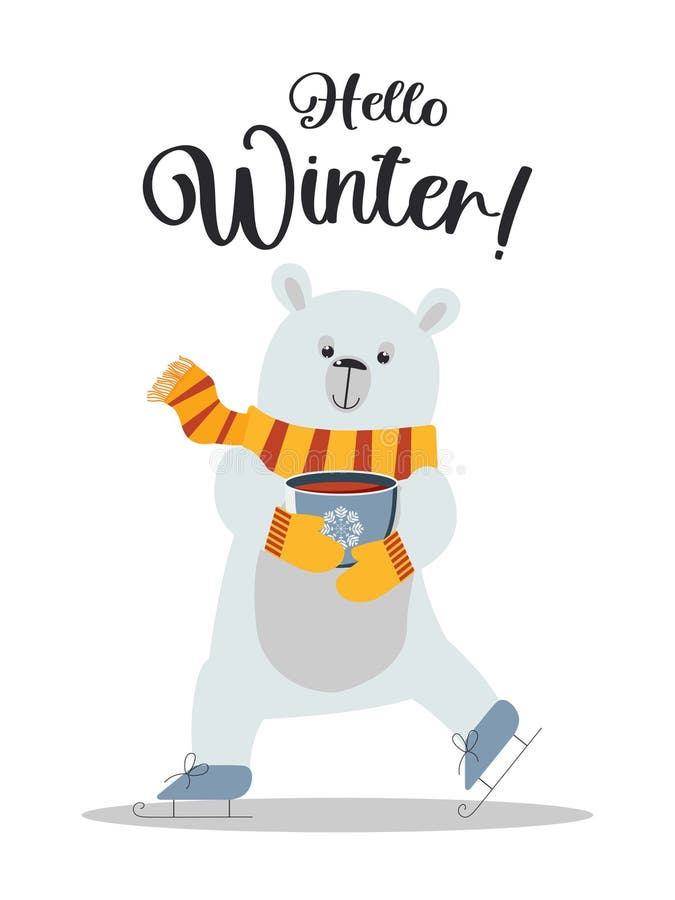 Cute Cartoon Polar Bear Drinks Hot Cocoa and Skates. Stock Vector ...