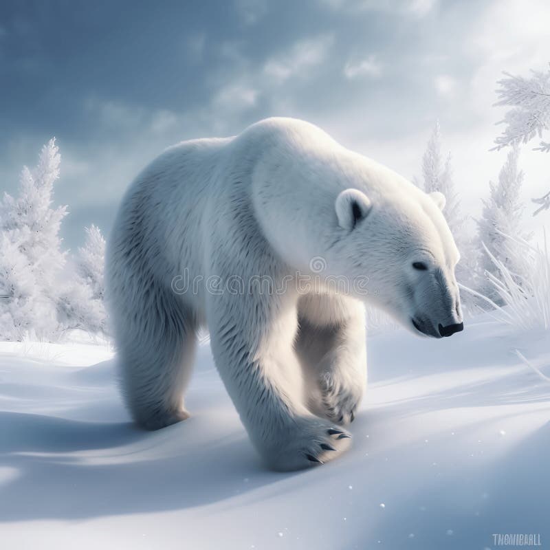 Polar Bear in the Winter Forest, an Endangered Animal Species Stock ...