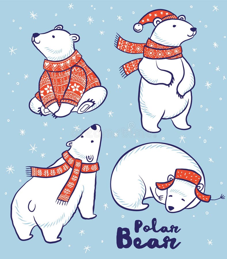Polar Bears Collection In Red Sweater Scarf And Hat Stock Vector