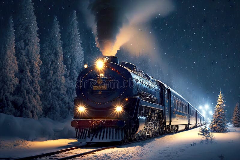 Polar Express Train Lights Up Path with Flashlight and Rides on Snow ...