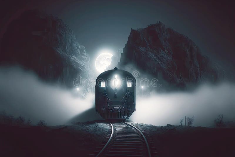 Polar Express Train Racing on Night Railway Against Background of Moon ...