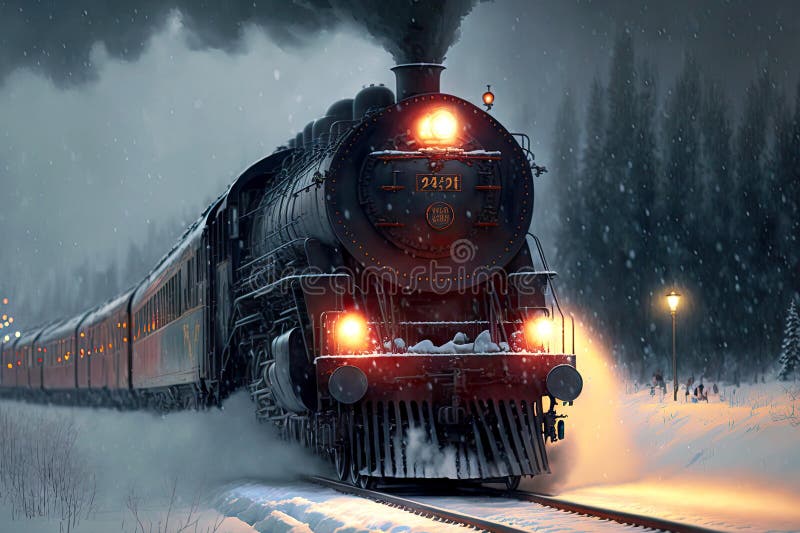 Polar Express Train and Snow Flying Off Rails and Wheels Stock ...