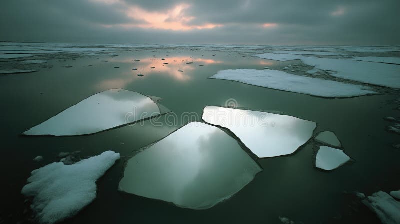 Polar Landscape with Broken Ice Sheets Floating in Open Water Under a ...