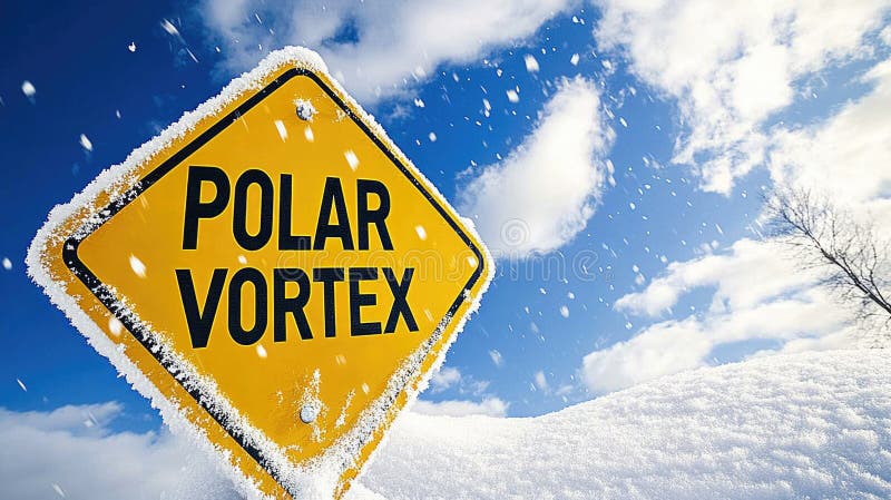 Polar Vortex Warning Sign in Snowy Winter Landscape with Blue Sky Stock ...