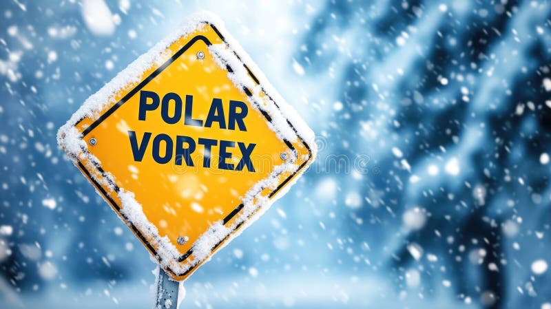 Polar Vortex Warning Sign Surrounded by Falling Snow in Winter Weather ...