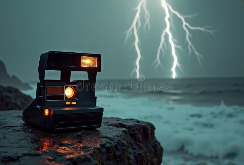 Retro Camera with Lightning Sky, Generative Ai Stock Illustration ...