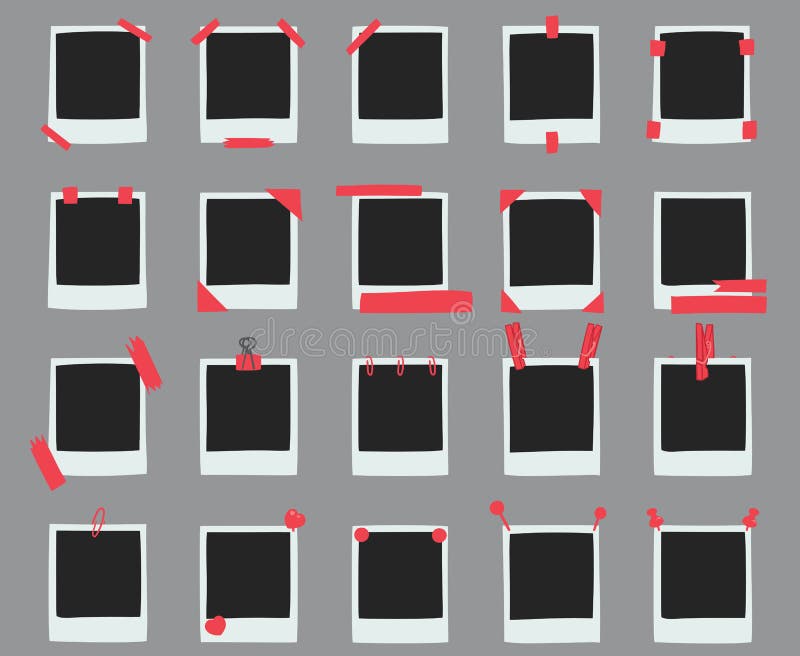 Set of Hand Drawn, Flat Colored Polaroid Frames Attached with Pins and ...