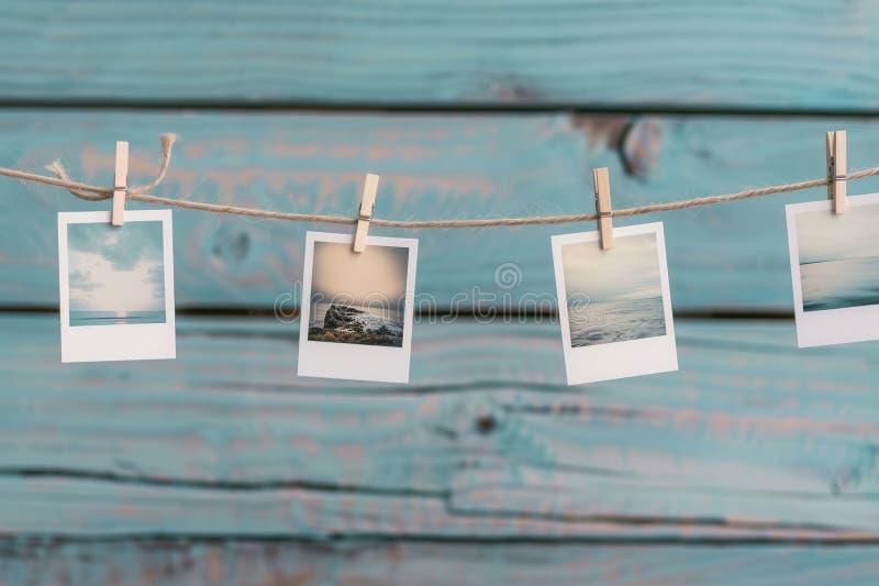 Polaroid Photos Hanging on a String Against a Rustic Wooden Backdrop ...