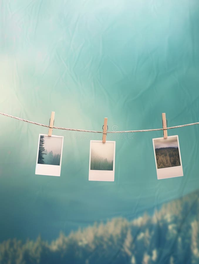 Polaroid Pictures Displayed on a String with Clothespins Against a ...