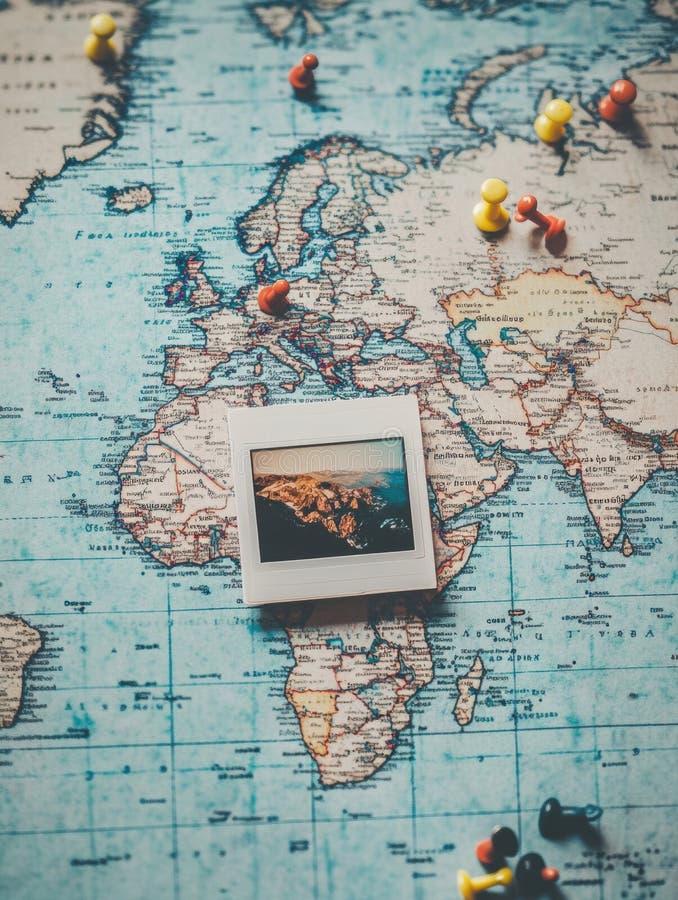 Polaroid Pinned on World Map with Colorful Pushpins and Notes Creating ...