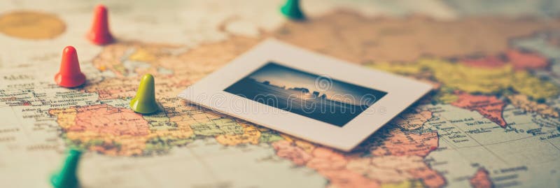 Polaroid Pinned on World Map with Colorful Pushpins and Notes Creating ...