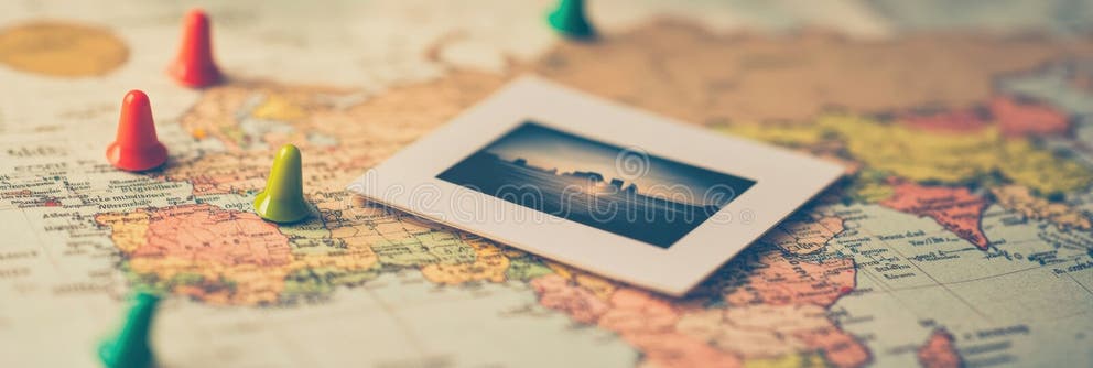 Polaroid Pinned on World Map with Colorful Pushpins and Notes Creating ...