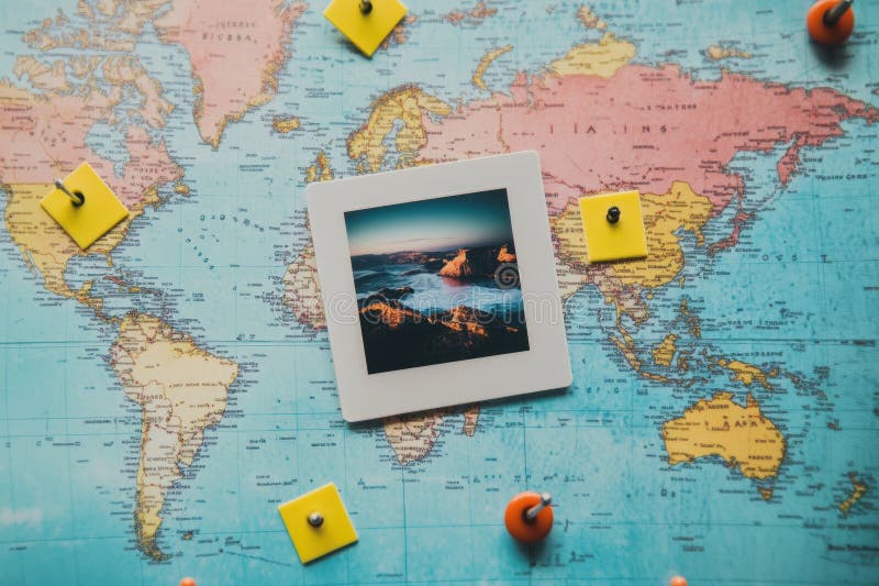 Polaroid Pinned on World Map with Pushpins and Notes Creating Visual ...