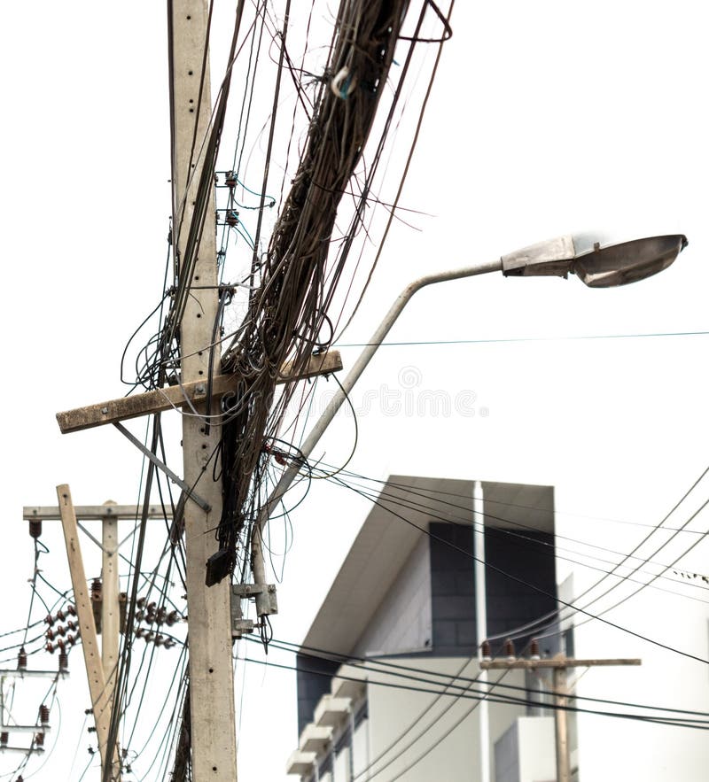 Pole with Electrical Wires Isolated White Background Stock Photo ...