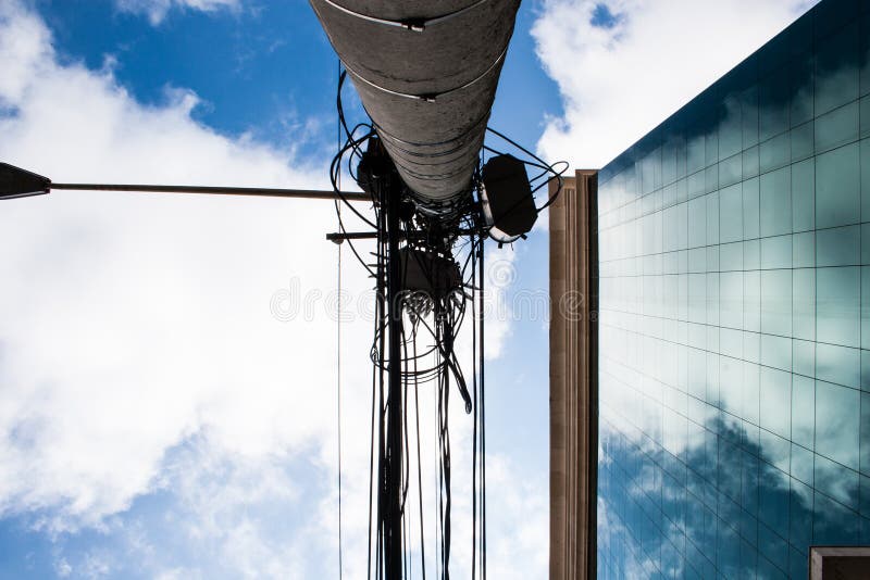 Pole and Wires in Front of an Office Modern Building Stock Image ...
