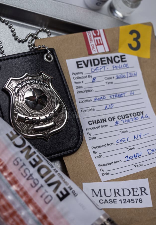Police Badge Next To Evidence Bag Stock Photo - Image of murder ...