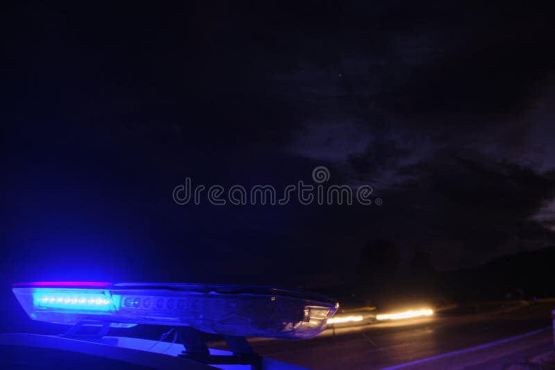 Police Car Flashing Lights in the Night Selective Focus Stock Image ...