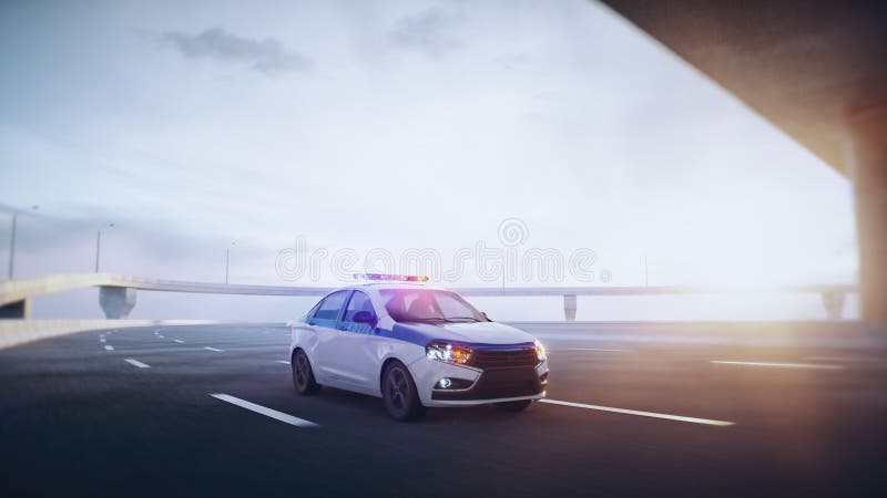 Police Car on Highway. Very Fast Driving. 3d Rendering. Stock ...