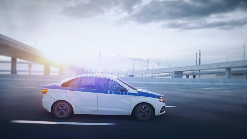 Police Car on Highway. Very Fast Driving. 3d Rendering. Stock ...
