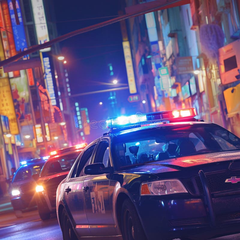 Police Car Lights Illuminate Night City Street, Emergency Ambiance ... Police Car Lights Illuminate Night City Street, Emergency Ambiance ...