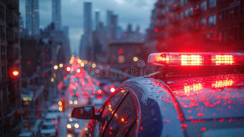 Police Car with Lights on in Rainy City. Stock Photo - Image of ...