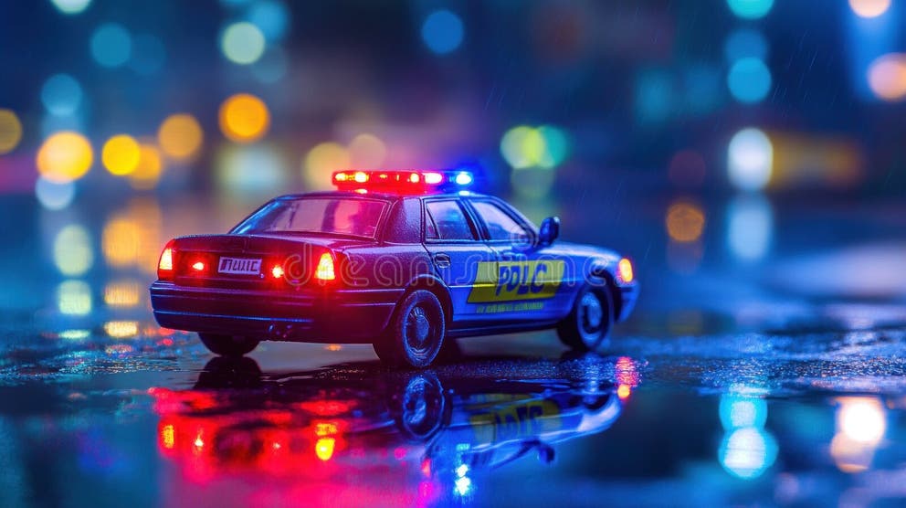 Toy Police Car Reflection in the Rain at Night Stock Illustration ...