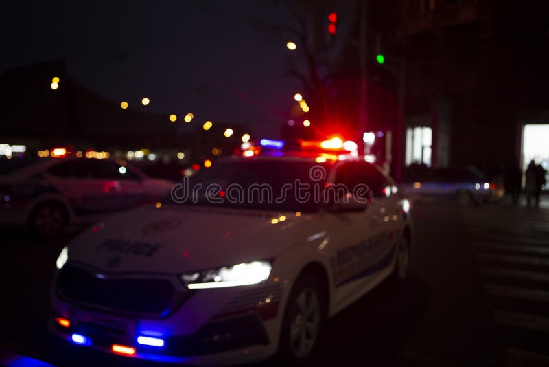 Police Car in the Night City Stock Photo - Image of night, police ...