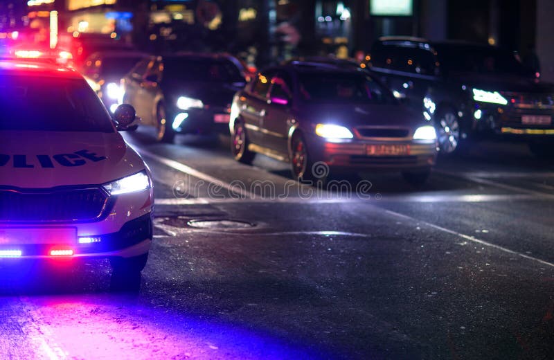 Police Car in Night Light City Stock Image - Image of highway, police ...