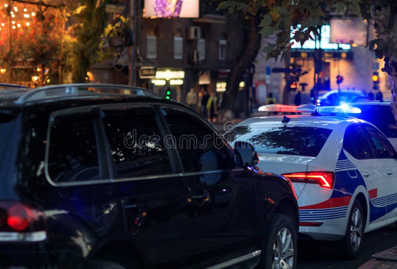 Police Car in Night Light City Stock Image - Image of surveillance ...