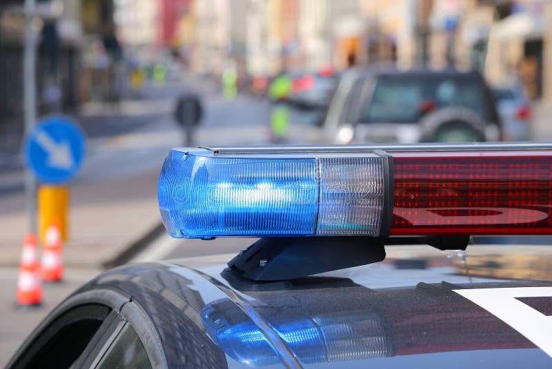 Police Car with Red and Blue Sirens in the Checkpoint Stock Photo ...