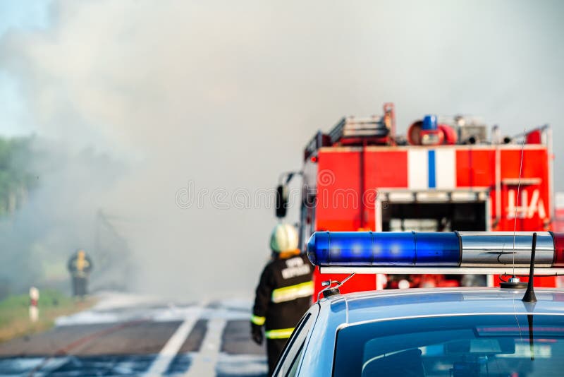Police Control a Fire on the Road Stock Photo - Image of damage ...