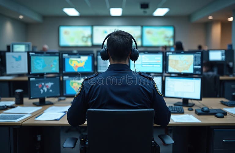 Police Dispatcher Works Multi-screen Communication Console. Operator ...