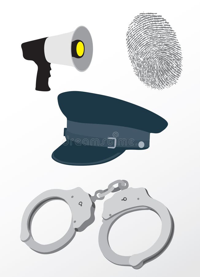 Police Equipment: Megaphone, Handcuffs, Hat and Fingerprint, Stock ...