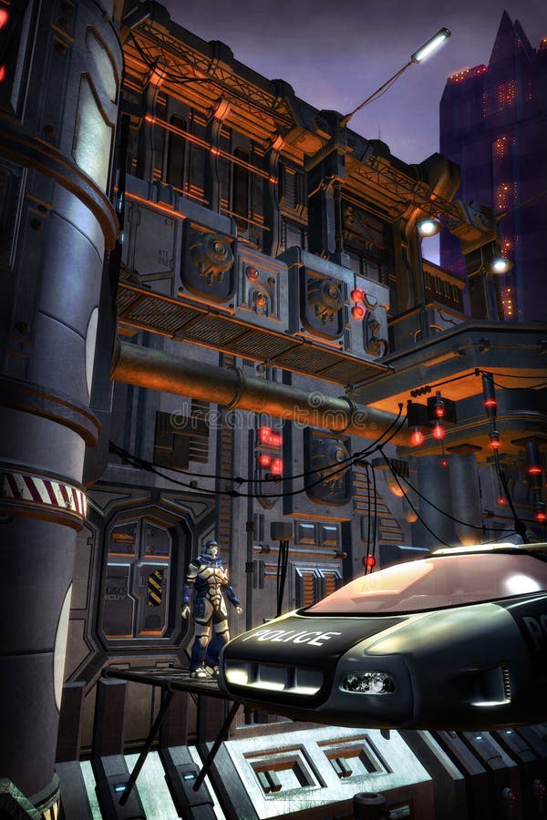 Police in futuristic city stock illustration. Illustration of cars ...